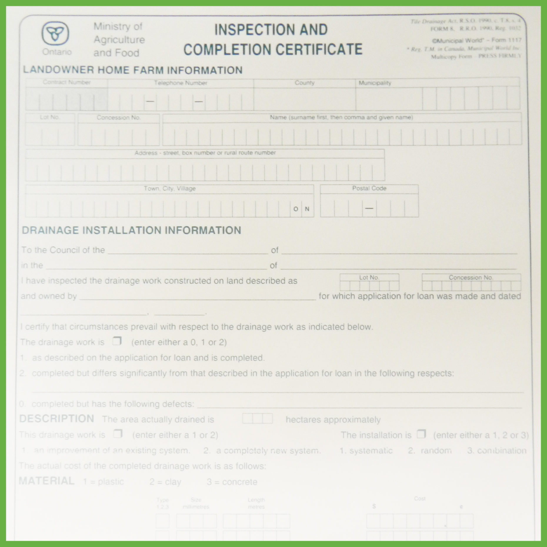 Inspection and Completion Certificate - Form 8